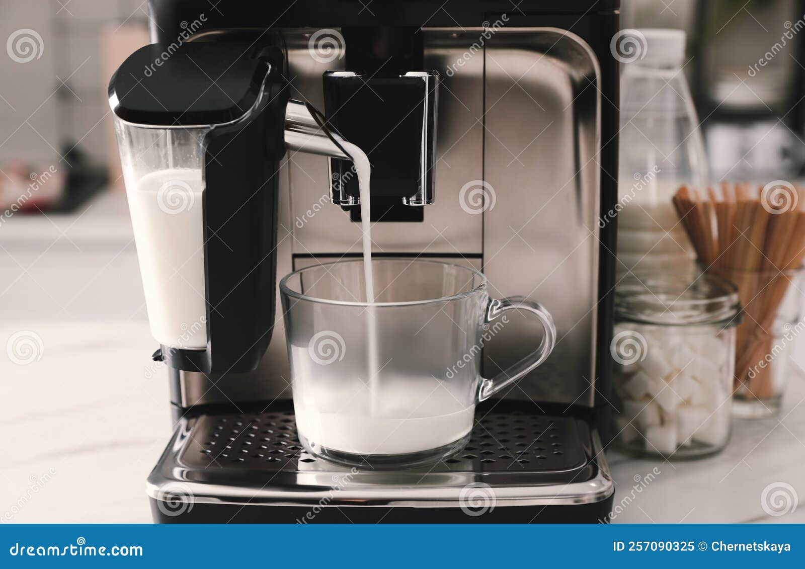Modern Coffee Machine with Cup in Office Kitchen, Closeup Stock Image ...
