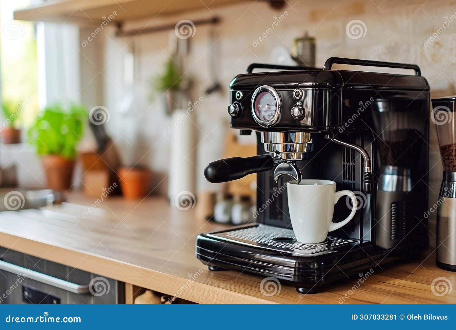 Modern Coffee Machine with Cup of Coffee on Table Stock Image - Image ...