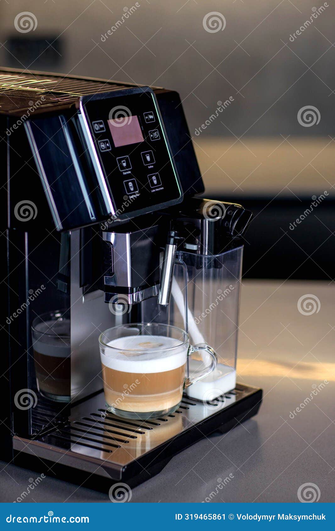 Modern Coffee Machine with Glass Cup of Latte in Kitchen Stock Image ...