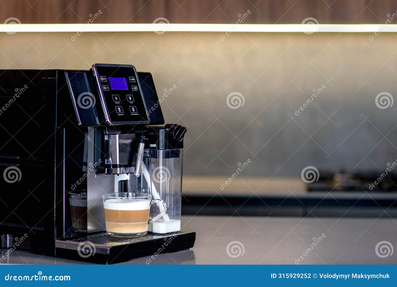 Modern Coffee Machine with Glass Cup of Latte in Kitchen Stock Photo ...