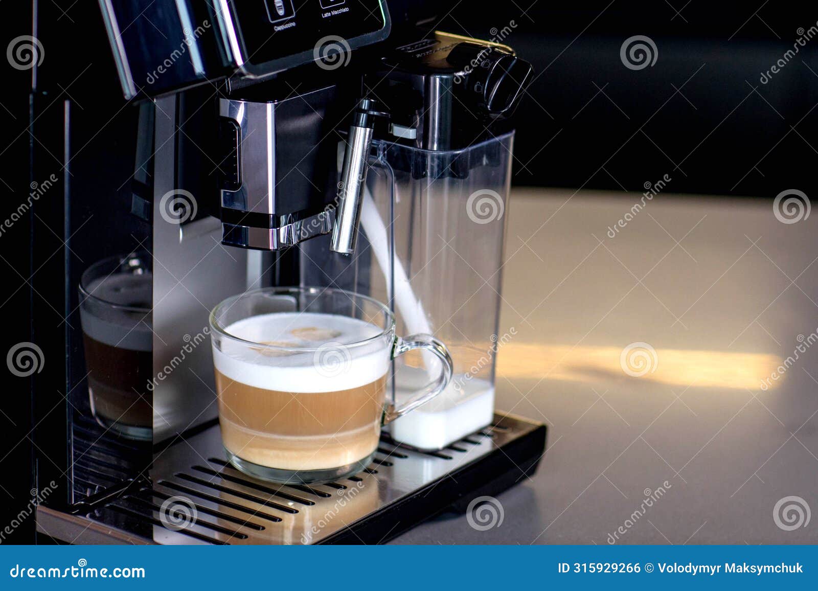 Modern Coffee Machine with Glass Cup of Latte in Kitchen Stock Photo ...
