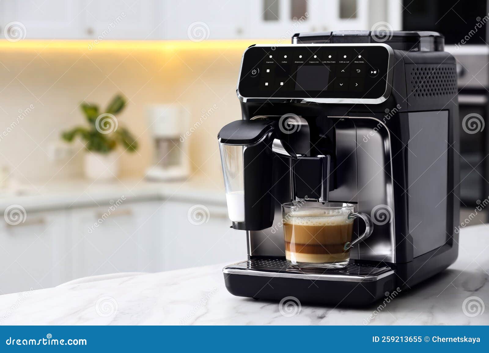 Modern Coffee Machine with Glass Cup of Latte on White Marble ...