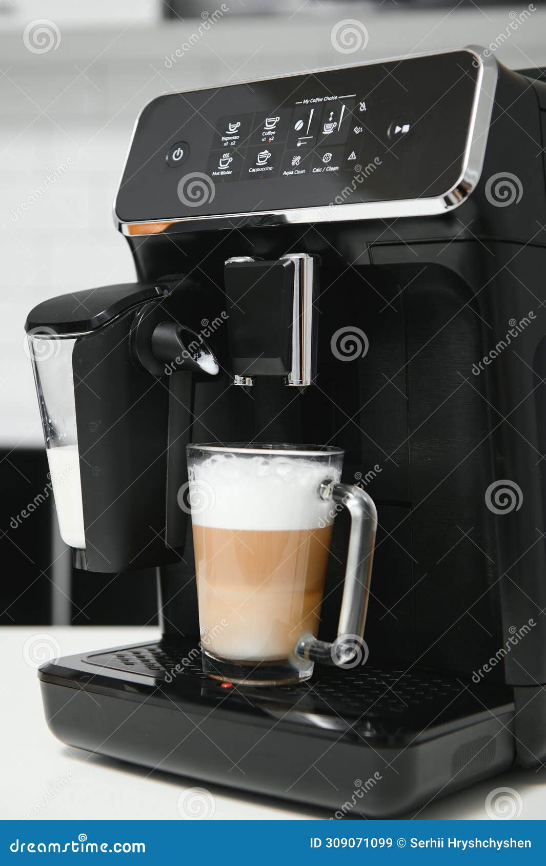 Modern Coffee Machine with Glass Cup of Latte on White Marble ...