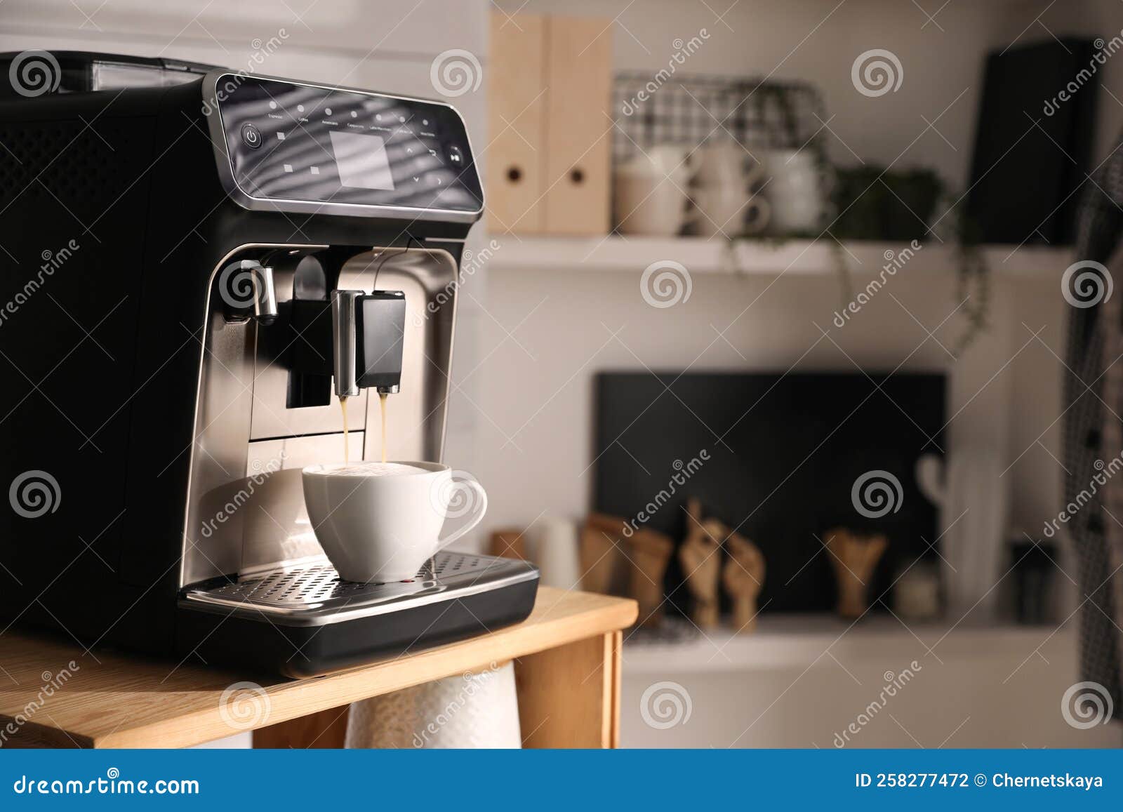 Modern Coffee Machine Making Tasty Drink in Office Kitchen, Space for ...