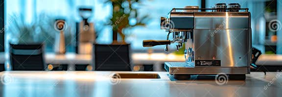 Modern Coffee Machine on Office Table. Concept of Workplace Efficiency ...