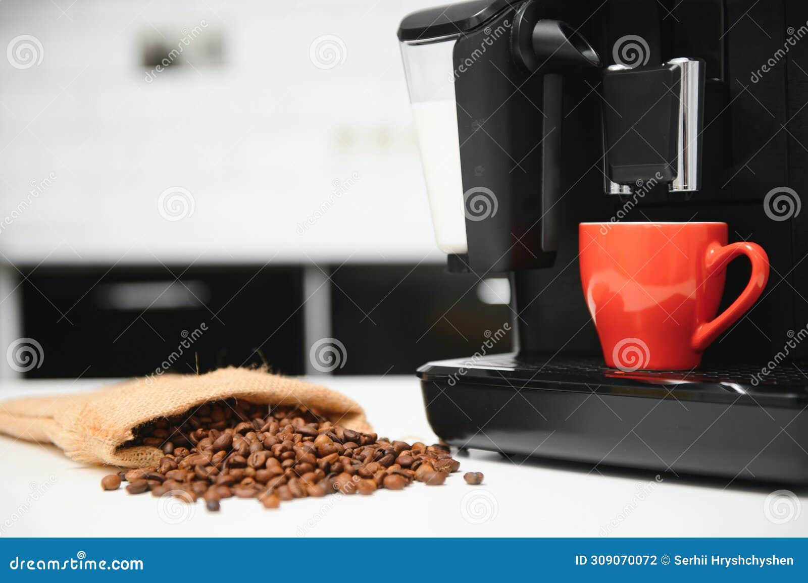 Modern Coffee Machine on Table in Kitchen Stock Photo - Image of coffee ...