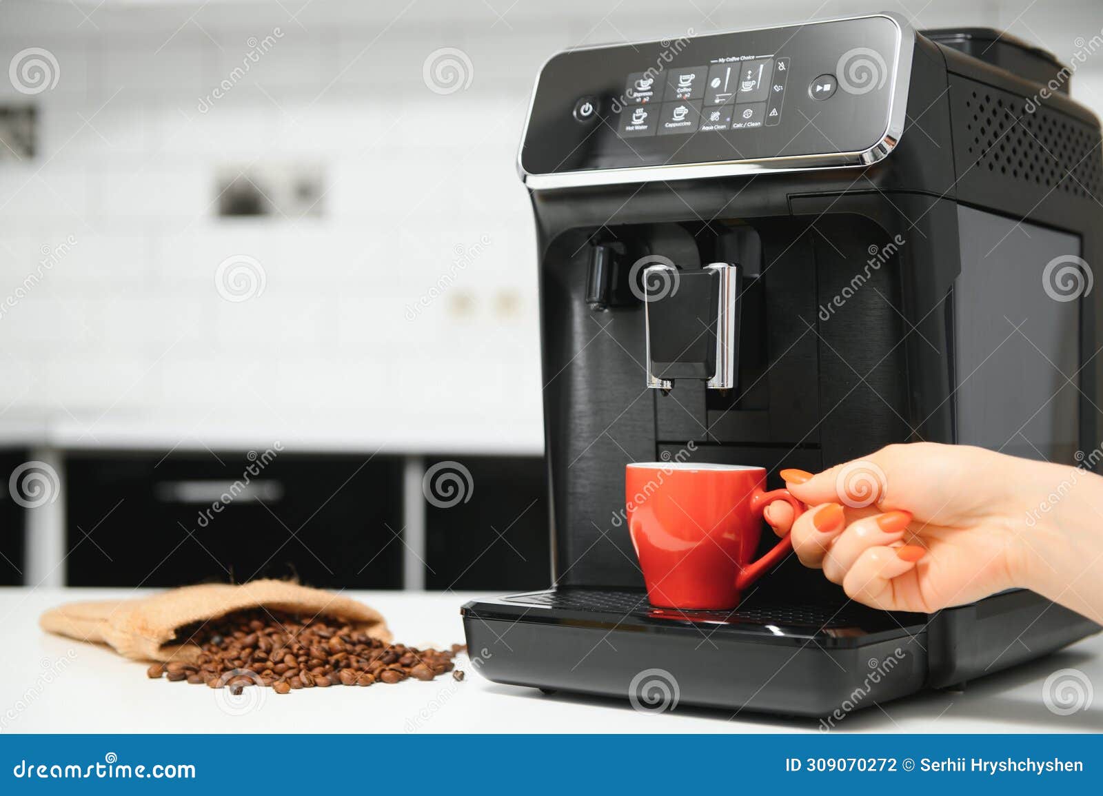 Modern Coffee Machine on Table in Kitchen Stock Photo - Image of house ...