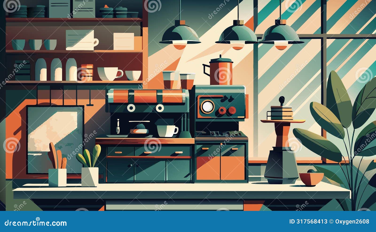 Modern Coffee Shop Interior with Stylish Decor and Espresso Machine ...