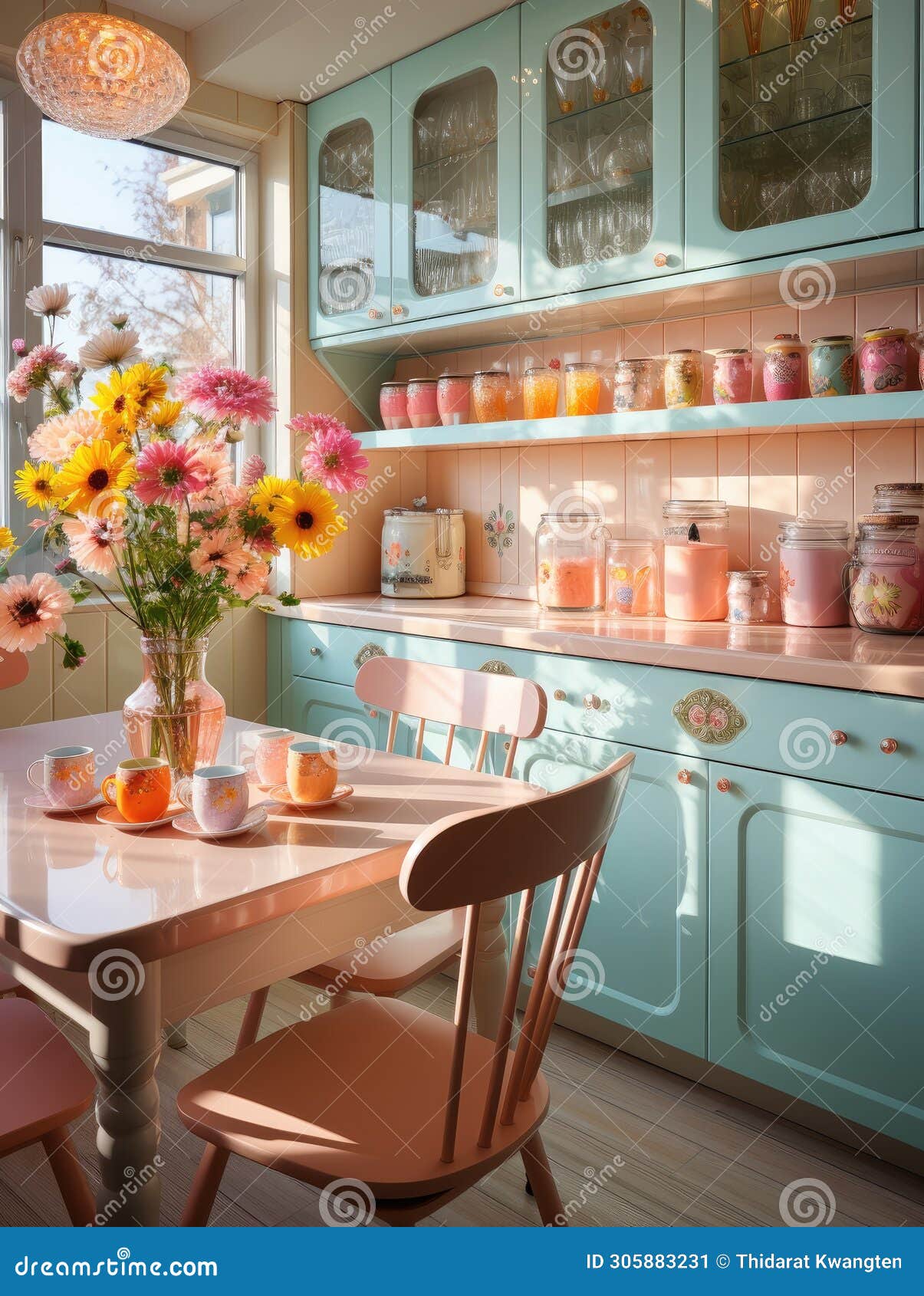 Modern Colorful Kitchen, Pastel Colors, Bright Interior, Sunlight ...