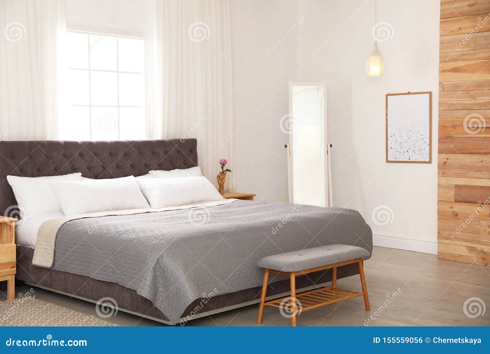Modern Comfortable Bed in Room. Interior Stock Photo - Image of color ...