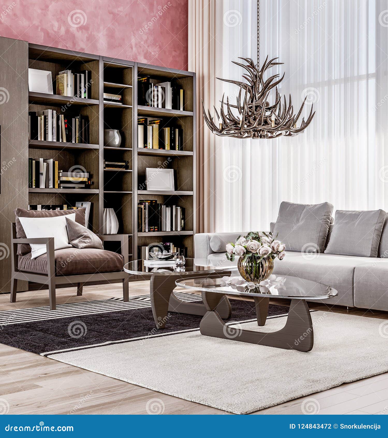 Modern Comfortable Open Space Living Room with High Ceiling Stock Photo ...