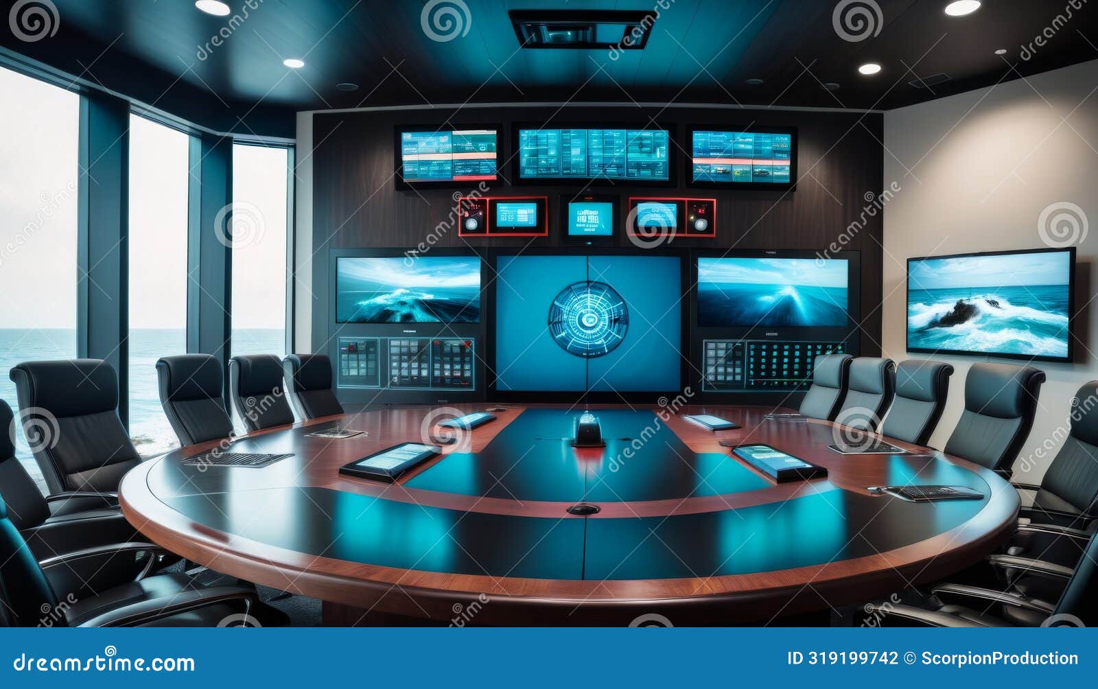 Modern Command Center Meeting Room with Ocean View Stock Photo - Image ...