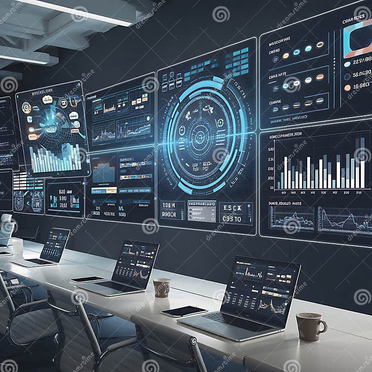 Modern Command Center with Real-Time Global Data Visualization on Multiple Screens. Stock ...