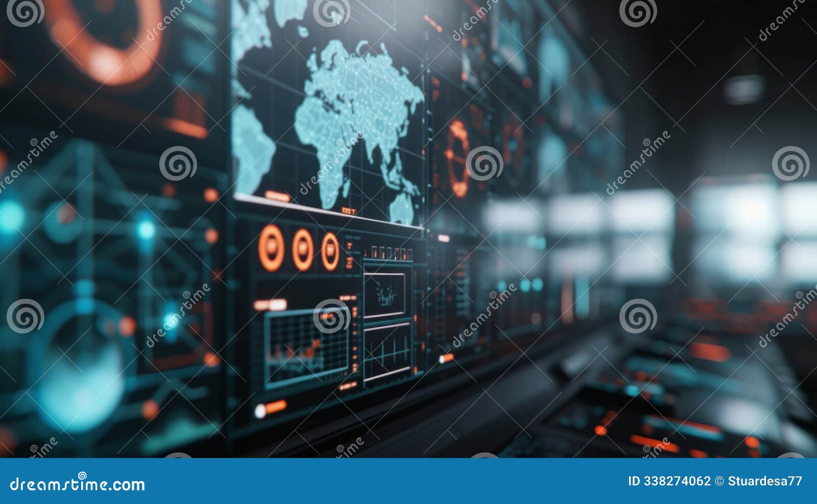 Modern Command Room with Digital World Map and Data Interface Stock ...