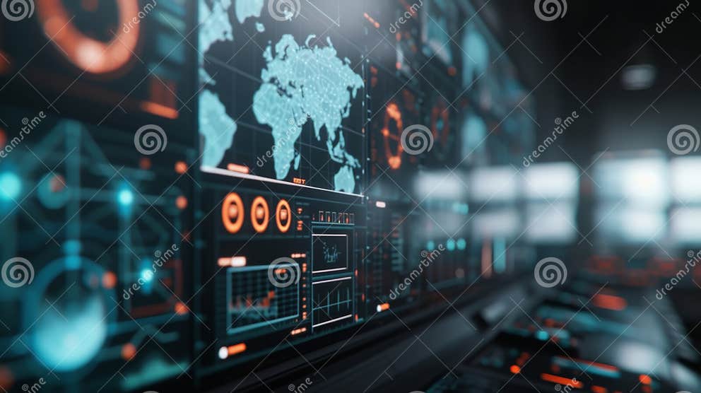Modern Command Room with Digital World Map and Data Interface Stock ...