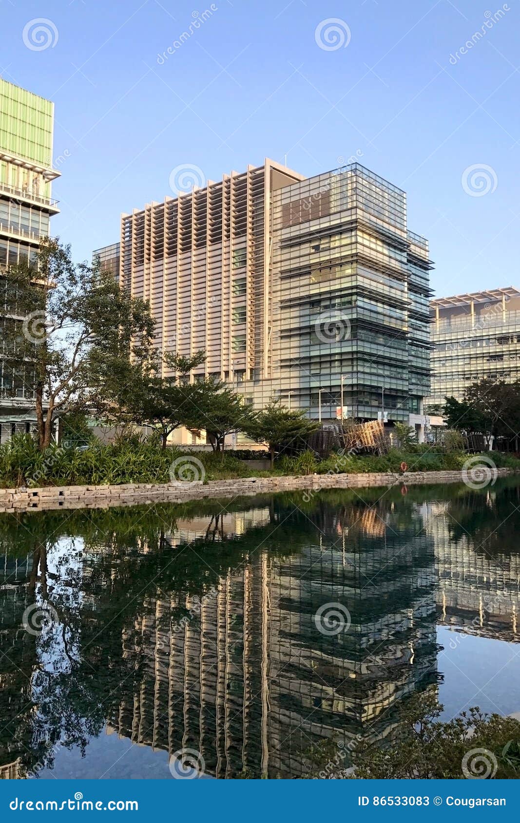 Modern Commercial Office Building, Tree and River Stock Image - Image ...
