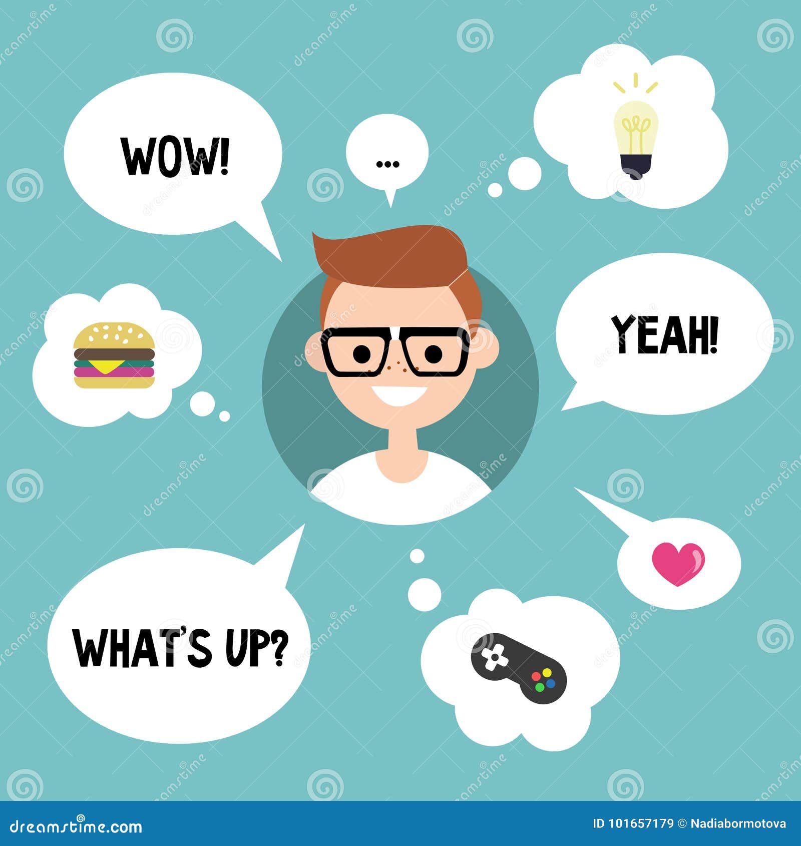 Modern Communication Concept. Happy Nerd Surrounded by Speaking Stock ...