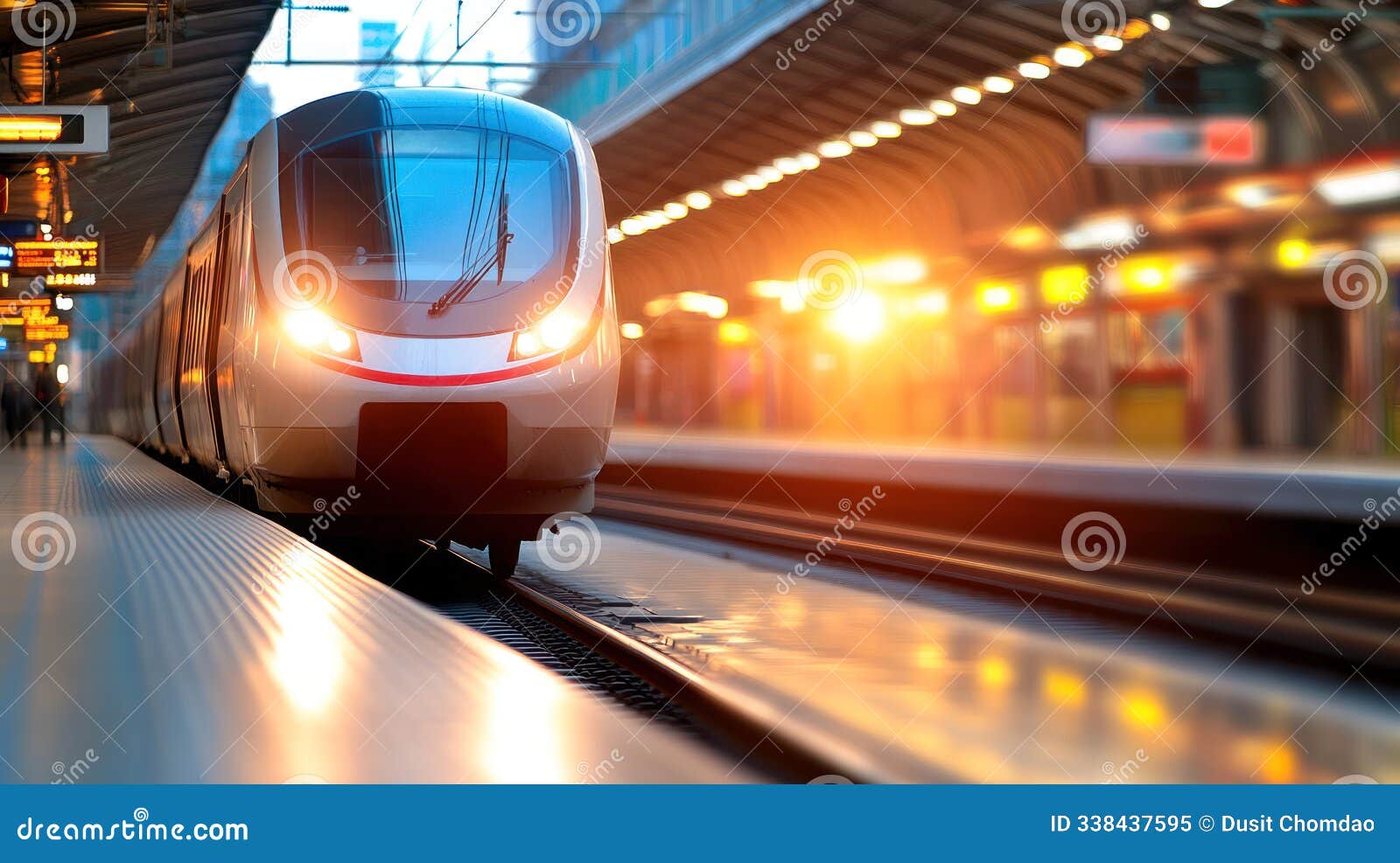 Modern Commuter Train Arrives at Bustling Station during Sunrise Stock ...