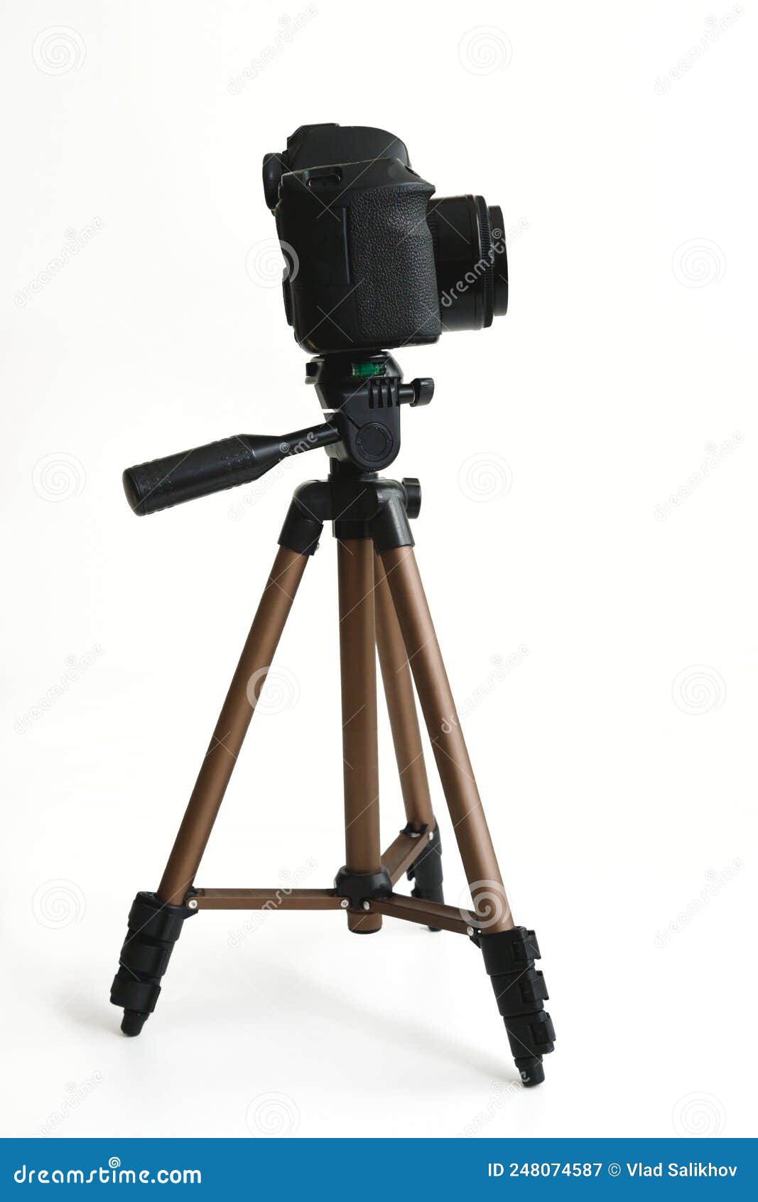 Modern Compact Tripod with Camera on White with Shadow. Side View Stock ...