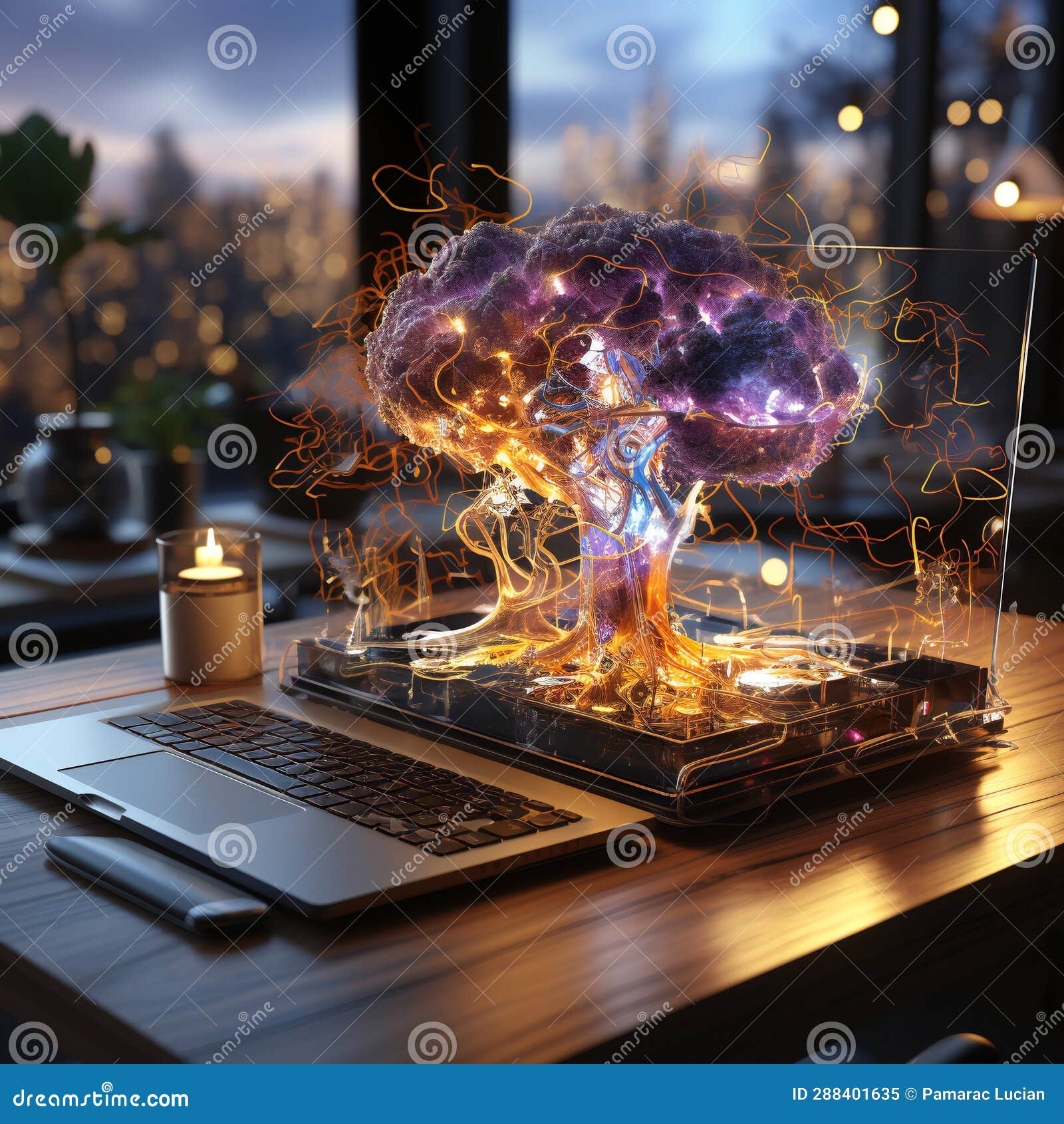 Modern Computer with Abstract Glowing Brain on Screen. Artificial ...