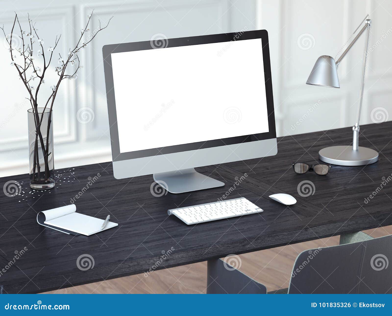 Modern Computer on the Black Wooden Table. 3d Rendering Stock ...