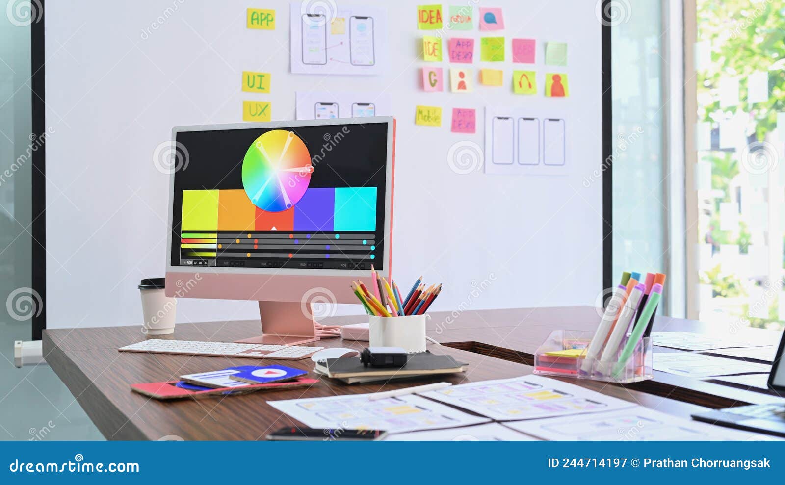 Computer with Color Swatches and Wireframe Sketches for Mobile ...