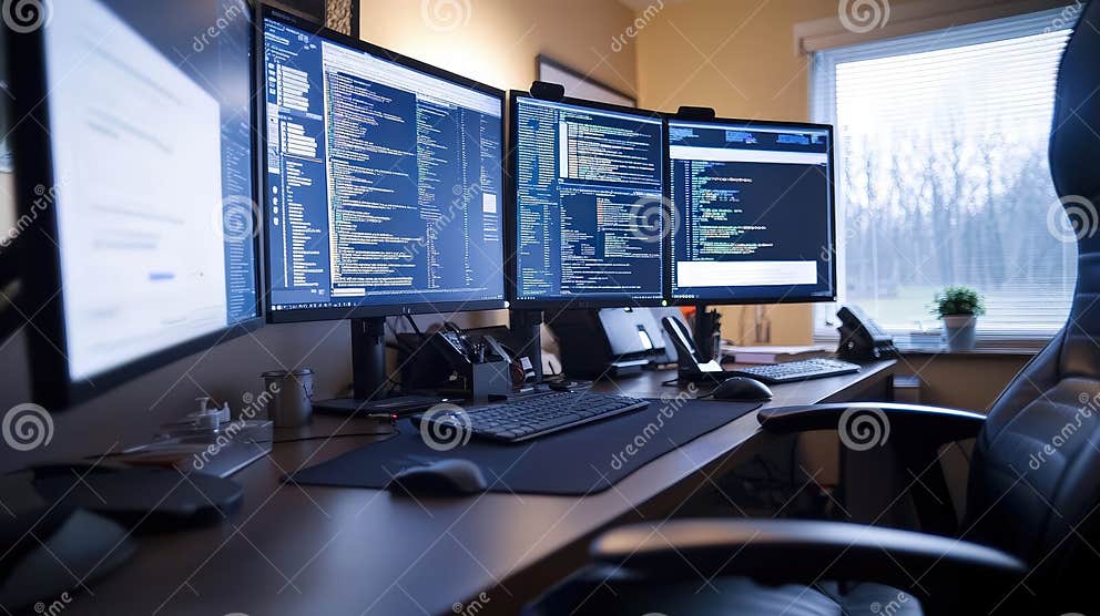 Modern Computer Desk Setup with Multiple Monitors and Technology Stock Photo - Image of work ...