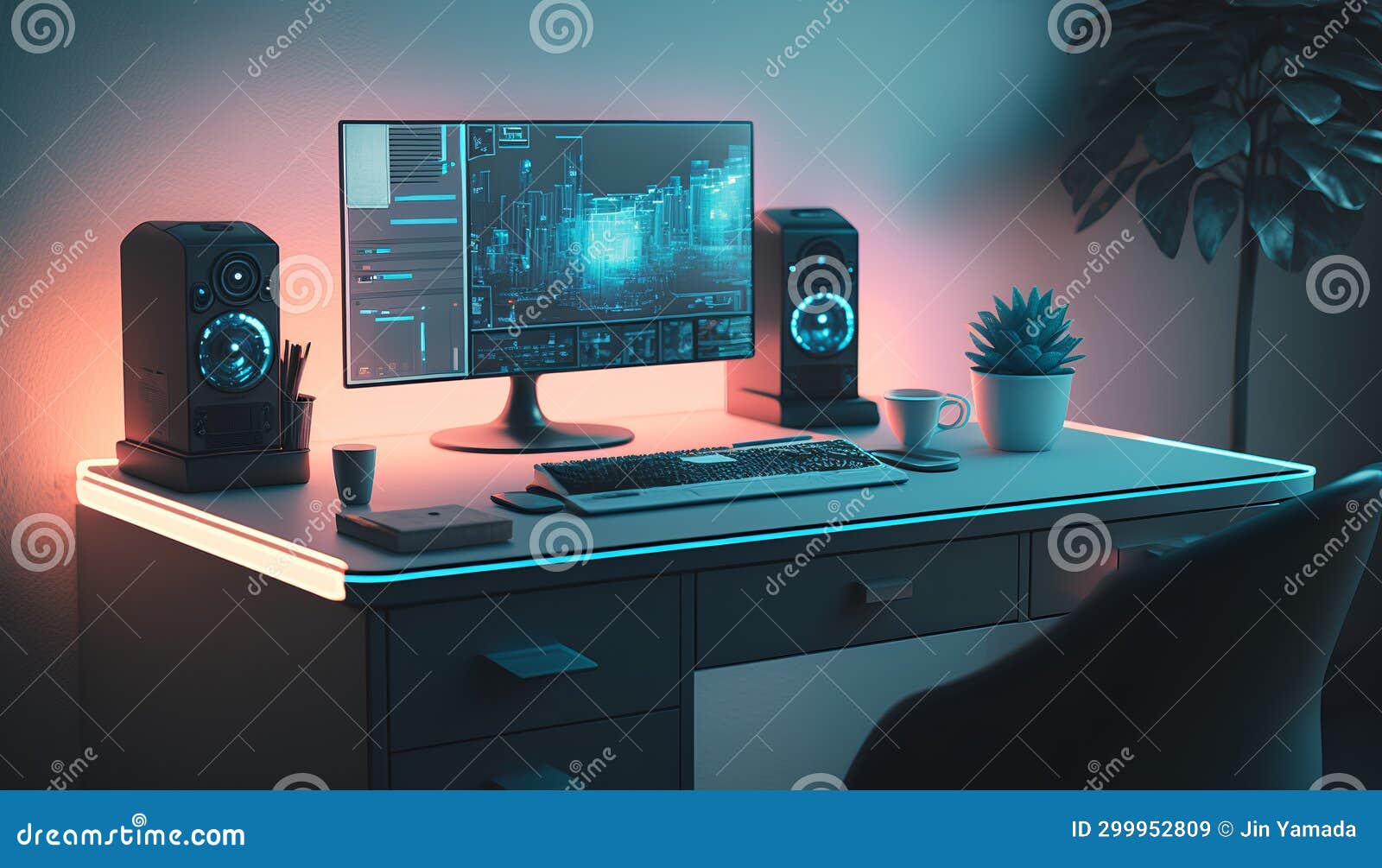 Modern Computer Desktop with Keyboard and Mouse. 3d Rendering Toned ...
