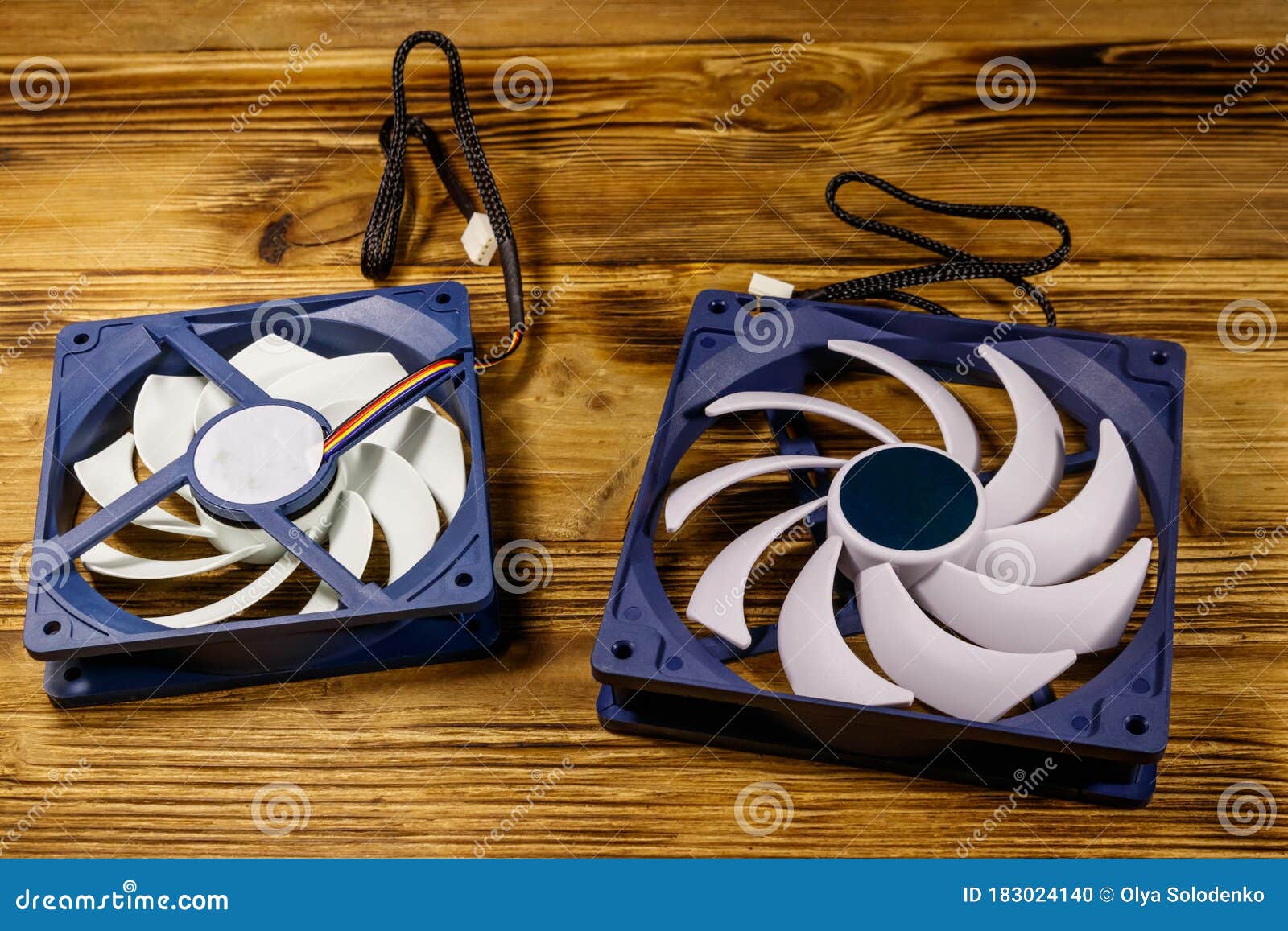 Modern Computer Fans on Wooden Desk Stock Photo - Image of circulation ...