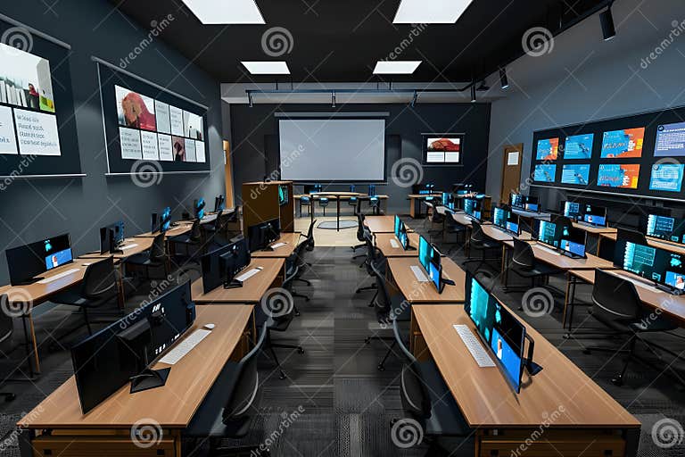 Modern Computer Lab Design, Rows of Desktops with Large Screens and Projectors, Showcasing a ...