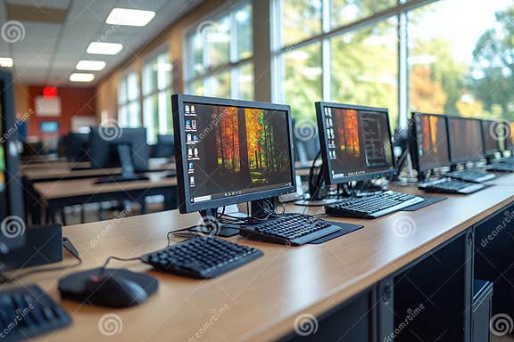 Modern Computer Lab with Multiple Workstations. Students or Staff Use ...