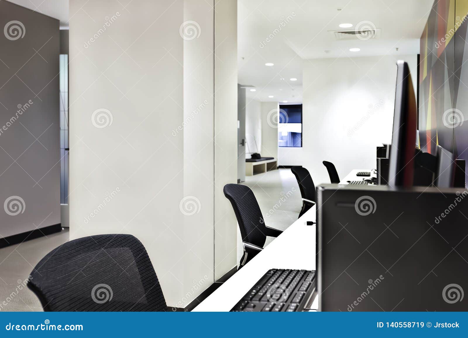 Modern Computer Lab or Office with White Walls Stock Image - Image of ...