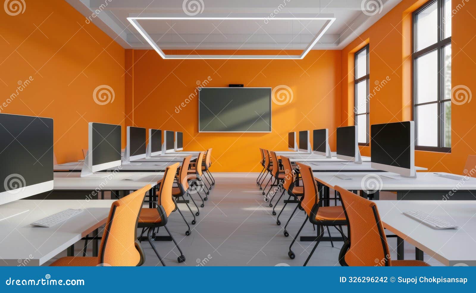 Modern Computer Lab with Orange Walls, Equipped with Multiple Desktop ...
