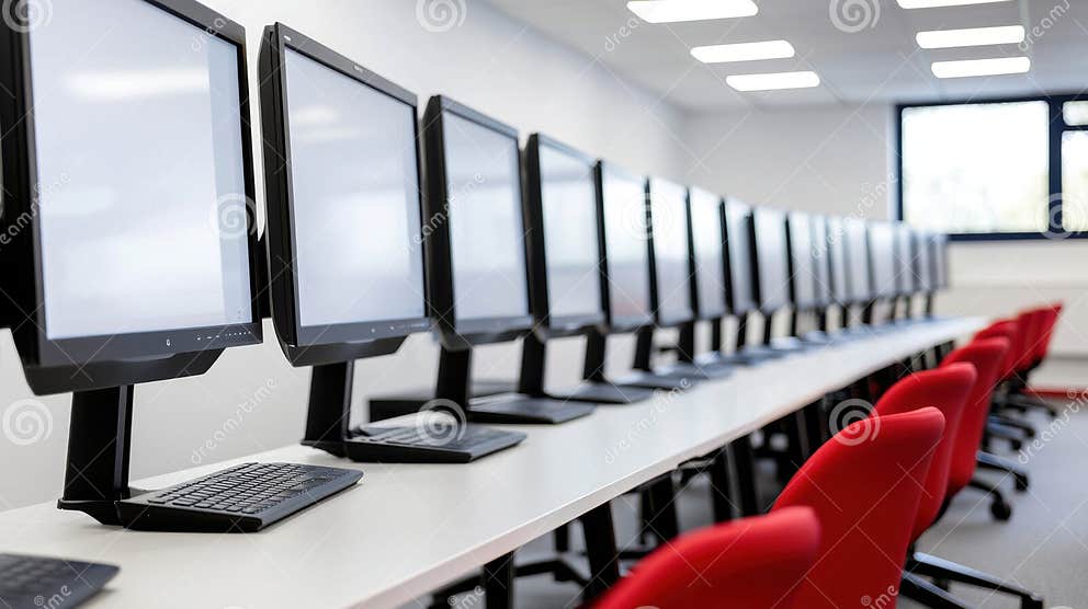 Modern Computer Lab, Row of Desktops Stock Illustration - Illustration ...