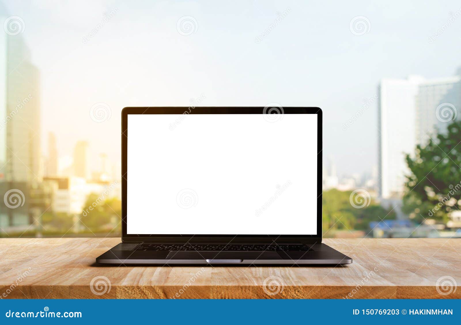 Modern Computer,laptop with Blank Screen on Wood Table with Office ...