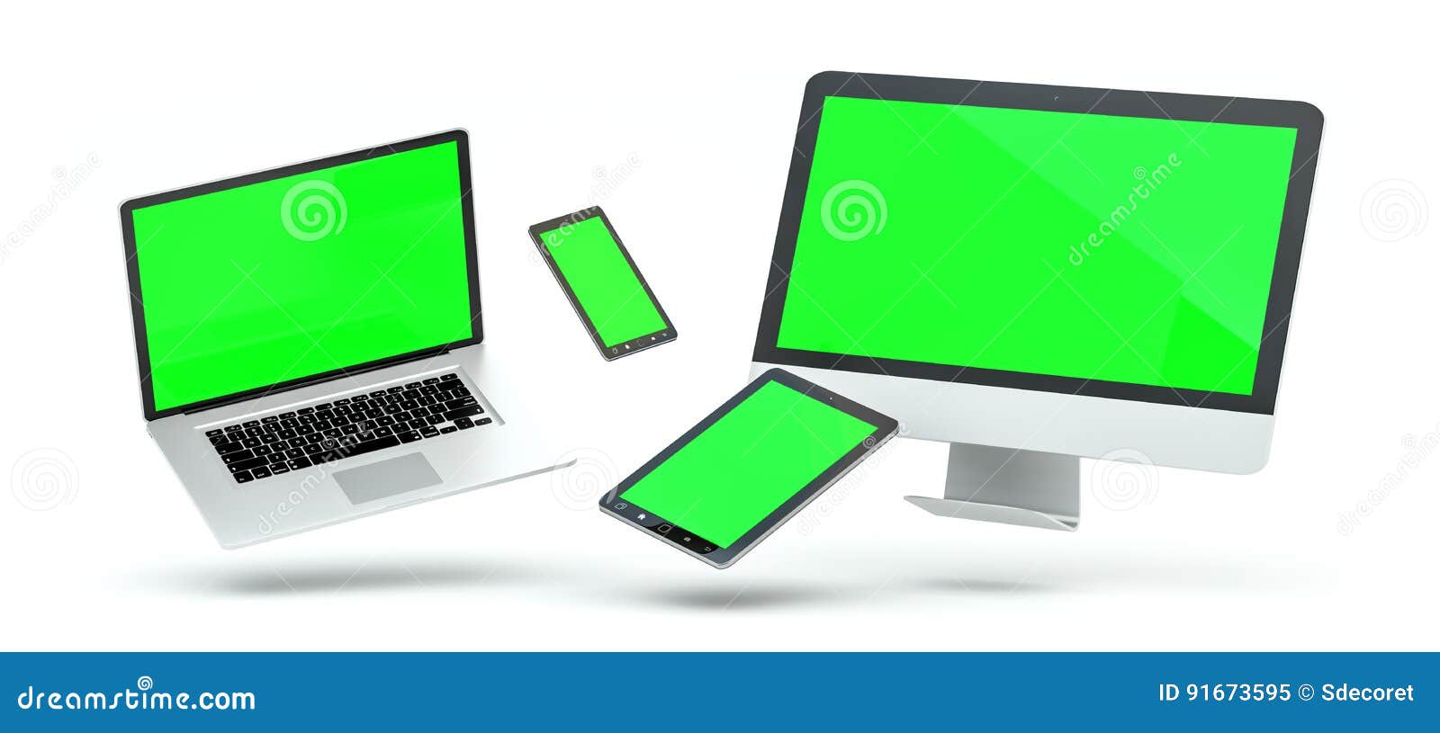 Modern Computer Laptop Mobile Phone and Tablet Floating 3D Rendering ...