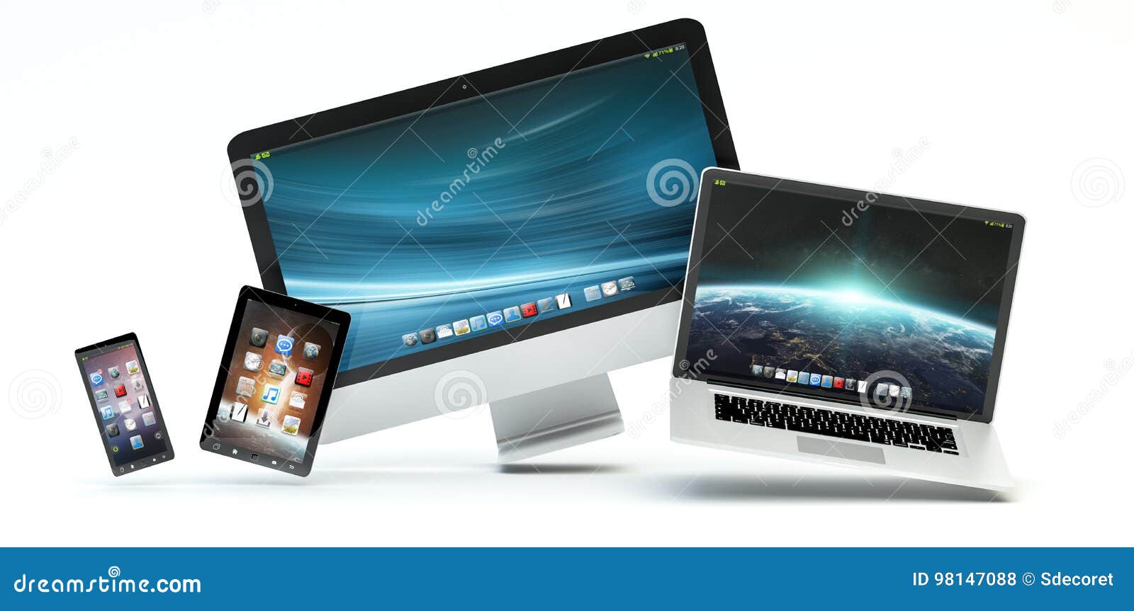 Modern Computer Laptop Mobile Phone and Tablet Floating 3D Rendering ...