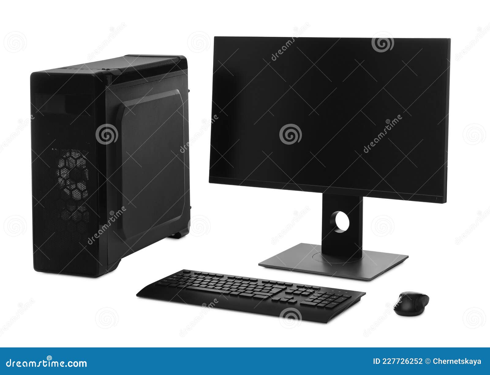 Modern Computer Monitor with Black Screen, System Unit, Keyboard and ...