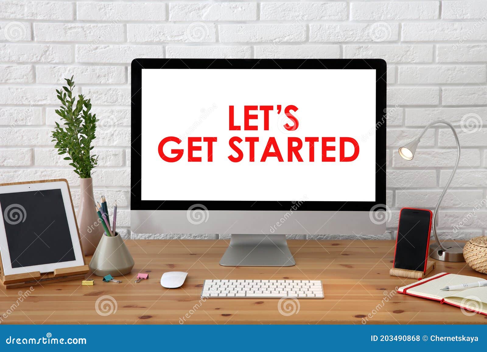 Modern Computer Monitor with Phrase Let`s Get Started on Screen in ...