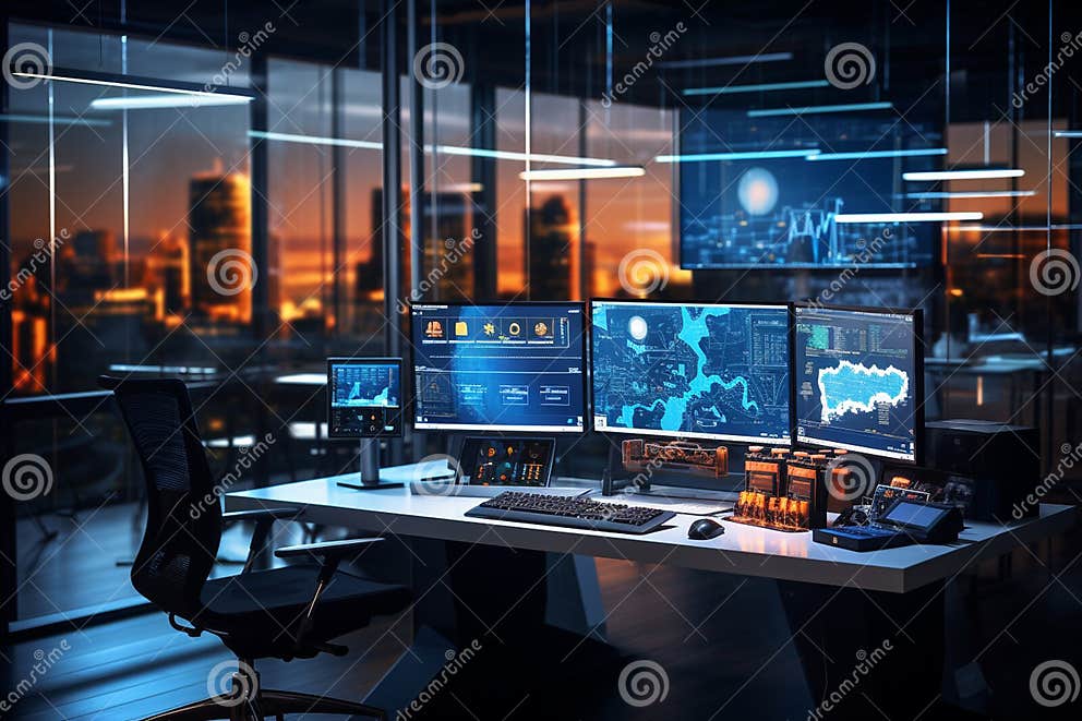 Modern Computer Monitors with Abstract Images of the City at Night. 3D ...