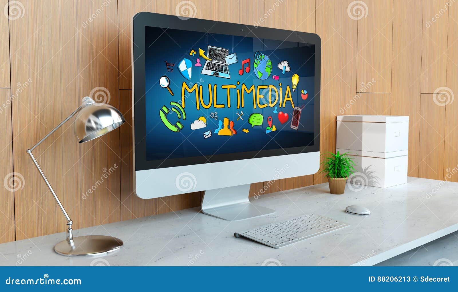 Modern Computer with Multimedia Presentation 3D Rendering Stock ...