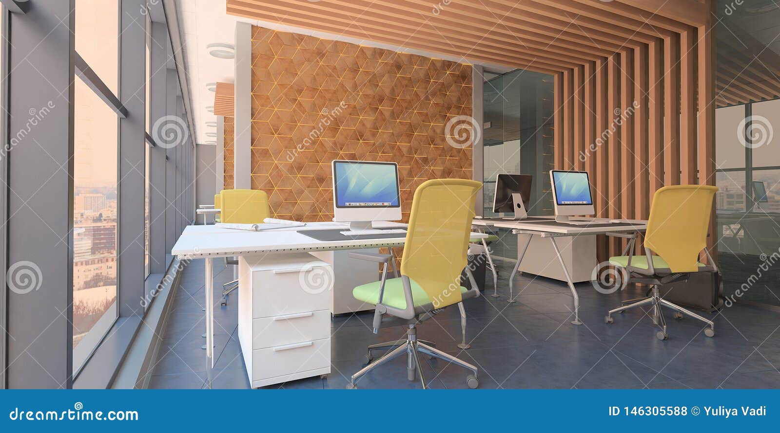 Modern Computer Office Interior with Wooden Accents and a Beautiful ...