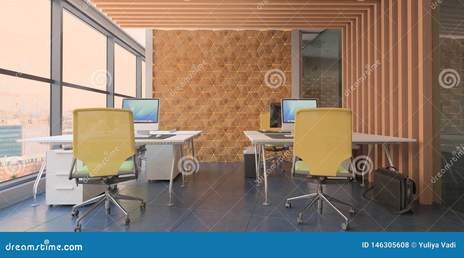 Modern Computer Office Interior with Wooden Accents and a Beautiful ...