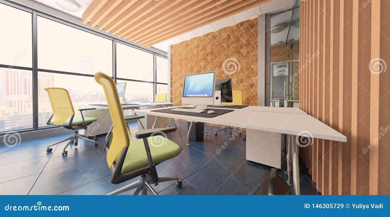 Modern Computer Office Interior with Wooden Accents and a Beautiful ...