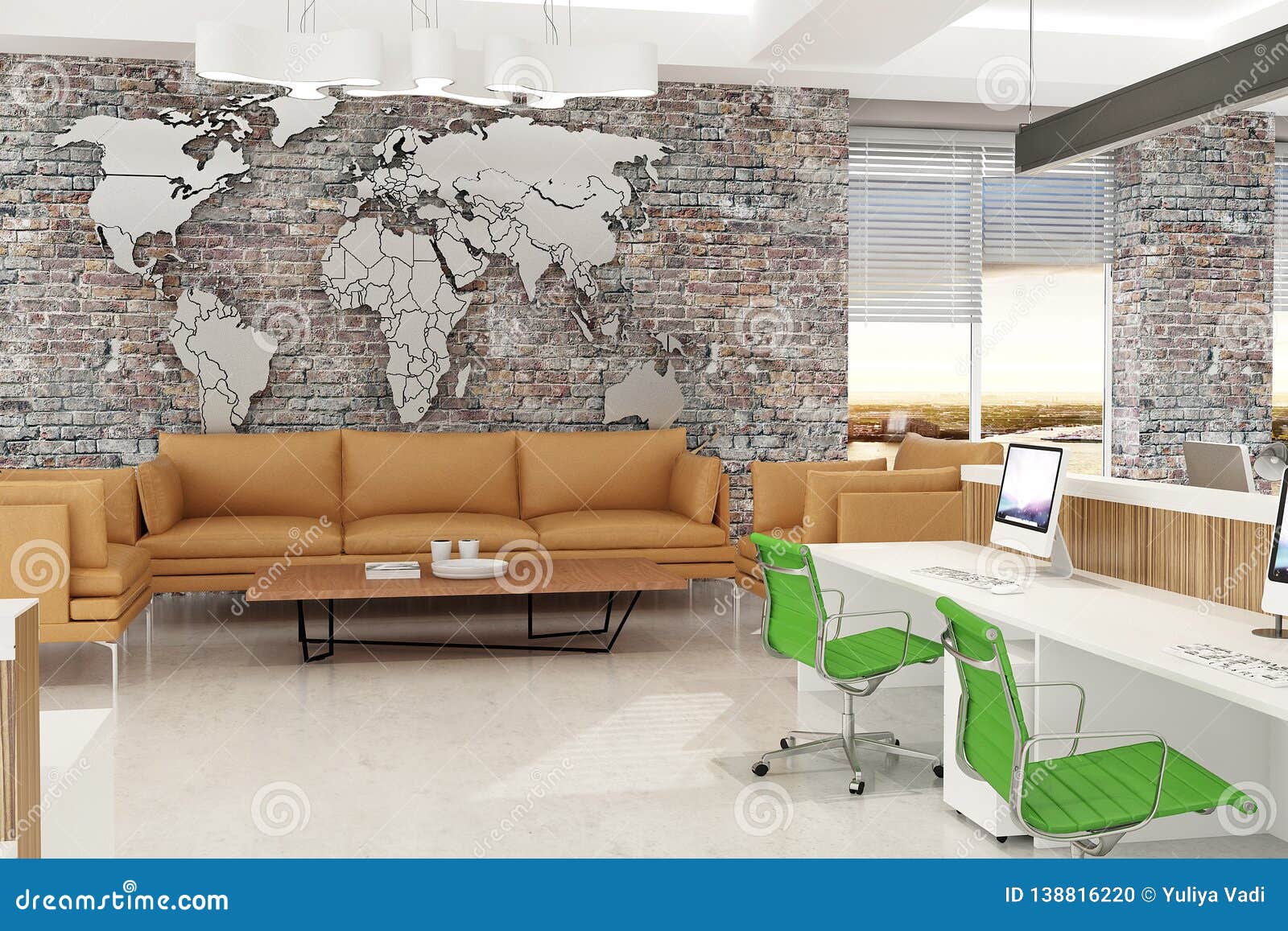Modern Computer Office Open Space Interior with World Map and Brick ...