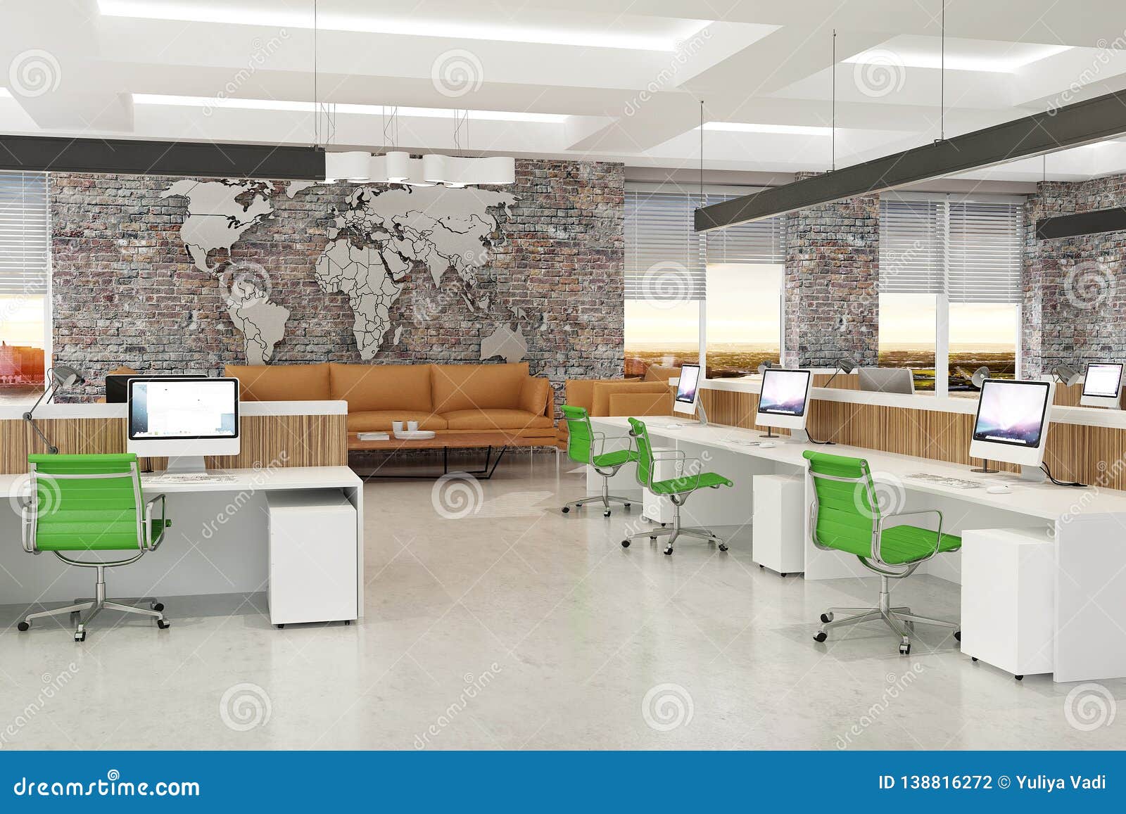 Modern Computer Office Open Space Interior with World Map and Brick ...