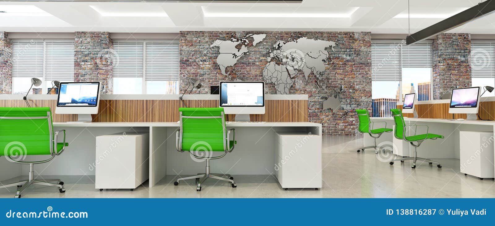Modern Computer Office Open Space Interior with World Map and Brick ...