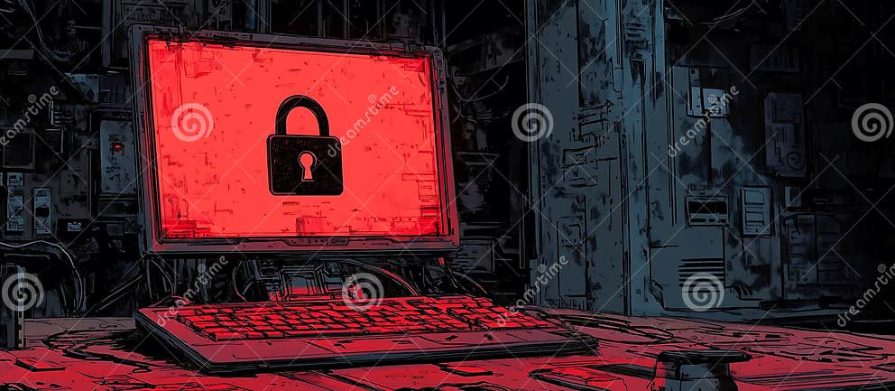 Red Lock Icon on a Modern Computer Screen in a Dark, Industrial ...