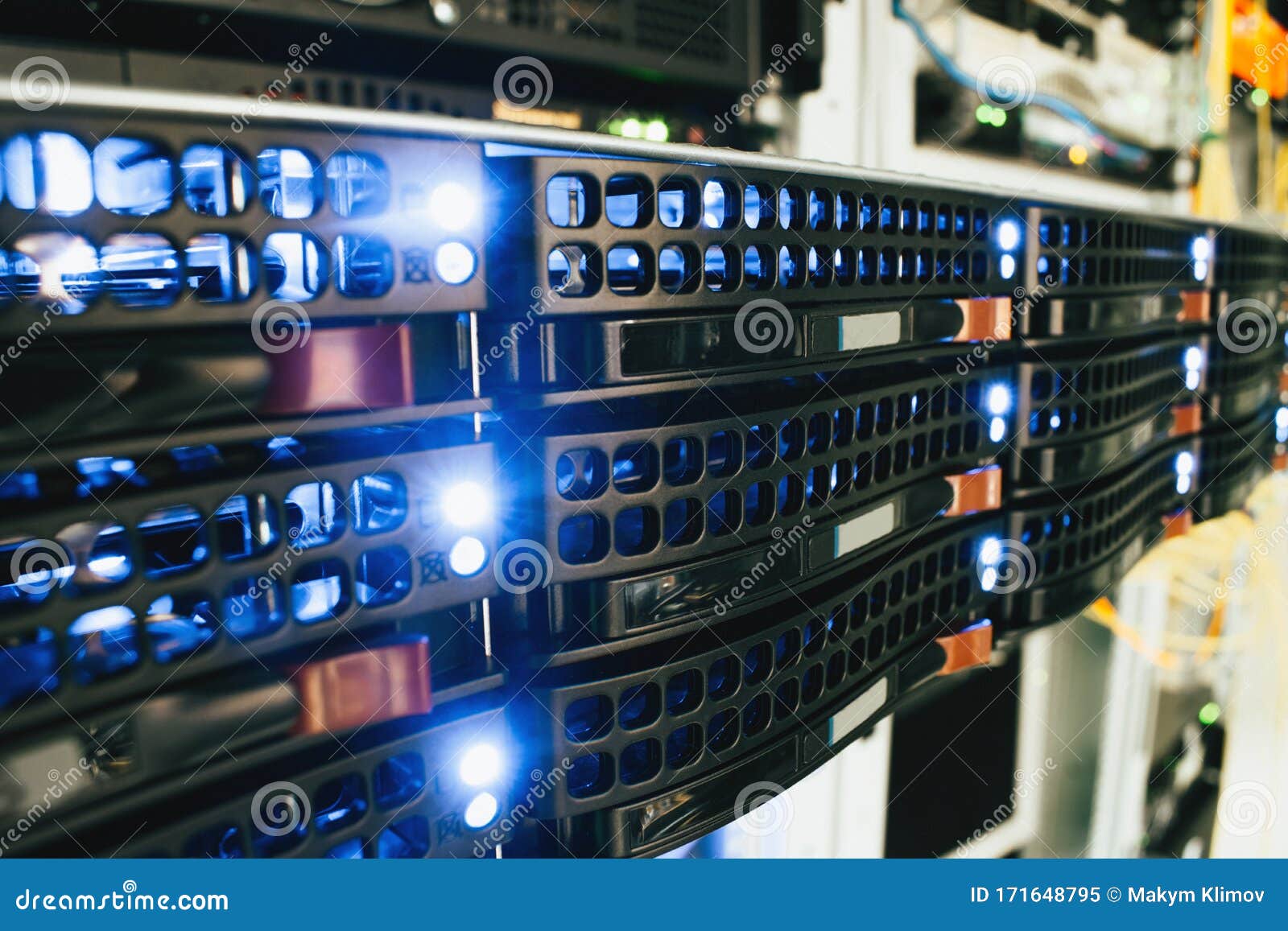 Modern Computer Server is a Close-up. Computing Equipment is on the ...