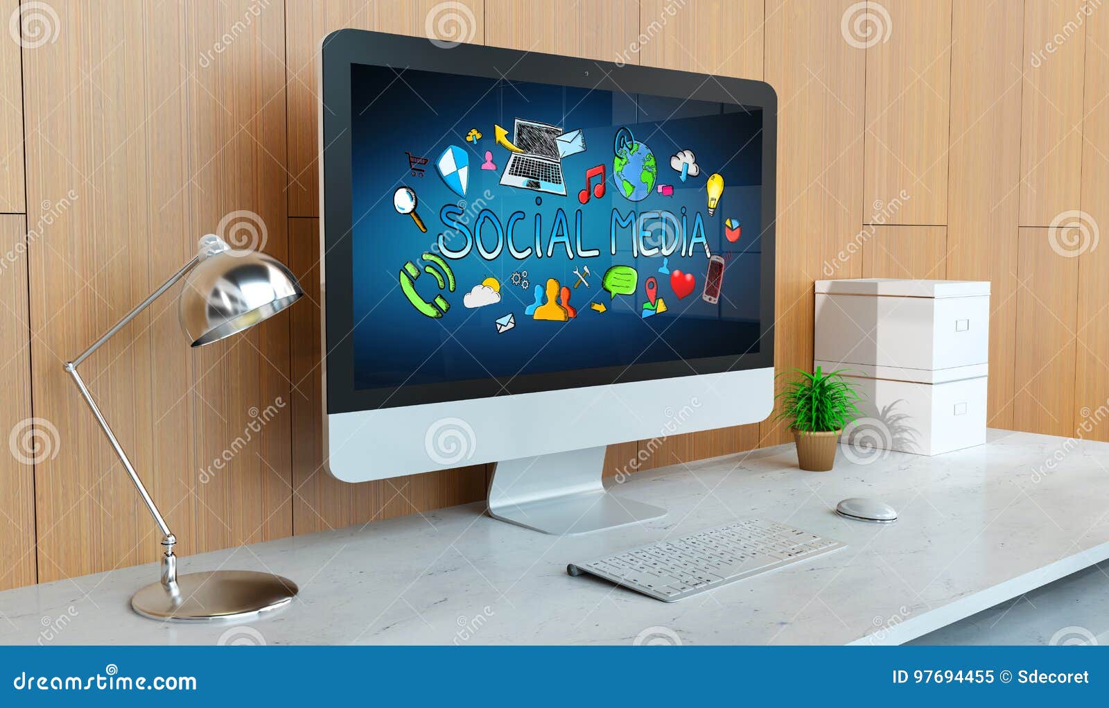 Modern Computer with Social Media Presentation 3D Rendering Stock ...